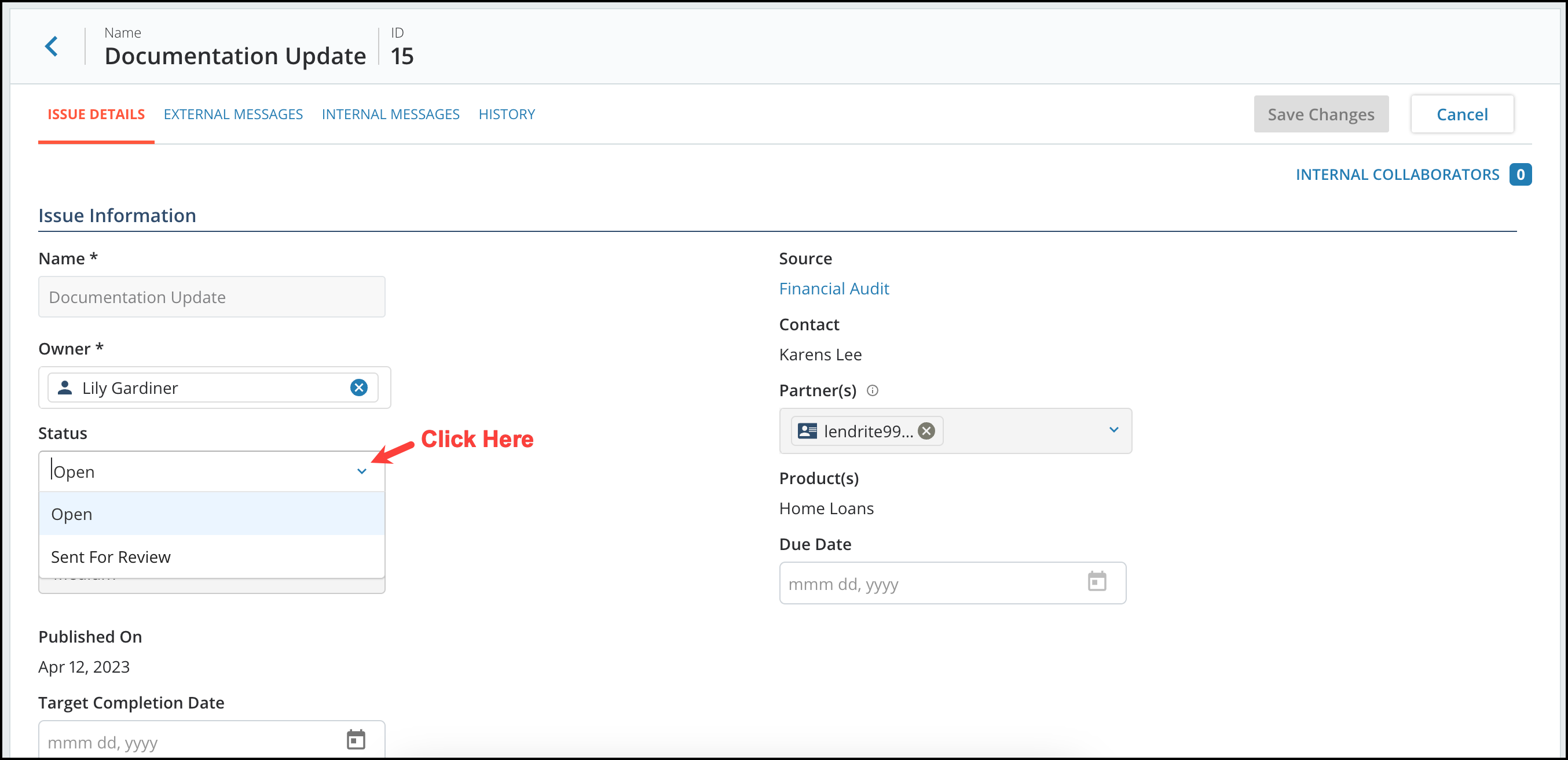 Updating the Status for a Received Issue – CENTRL